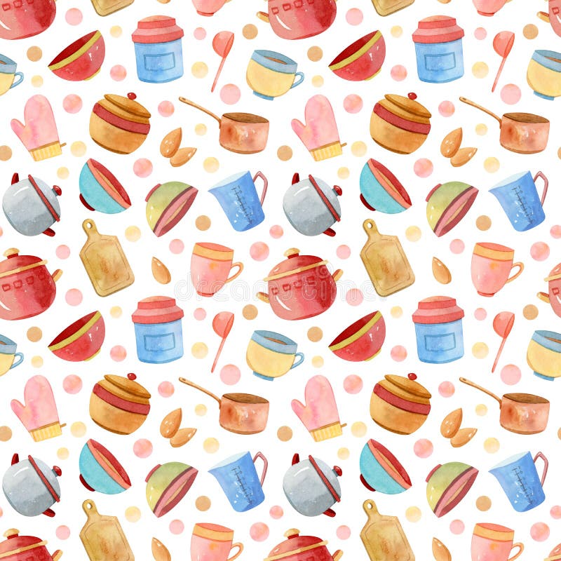 Watercolor Kitchen Accessories, Utensils Seamless Pattern, Background ...