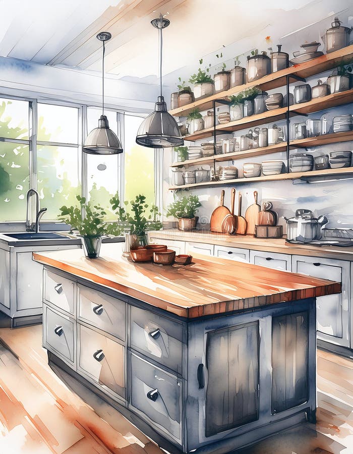 A Watercolor Kitchen Interior Illuminated by Natural Light and Adorned ...