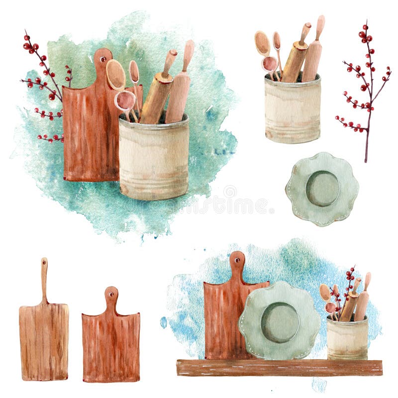 Watercolor kitchen set stock illustration. Illustration of recipe ...