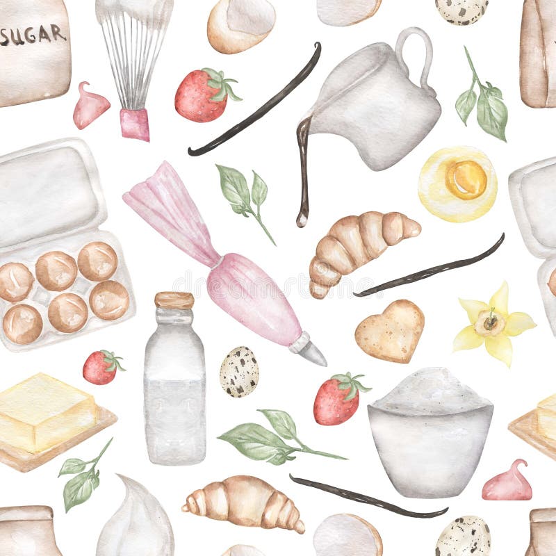 Watercolor Kitchen Utensils Seamless Pattern, Bakery Products Repeat ...