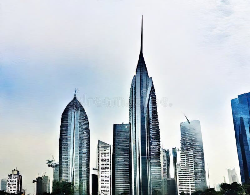 Watercolor of KLCC Tower Futuristic Stock Illustration - Illustration ...