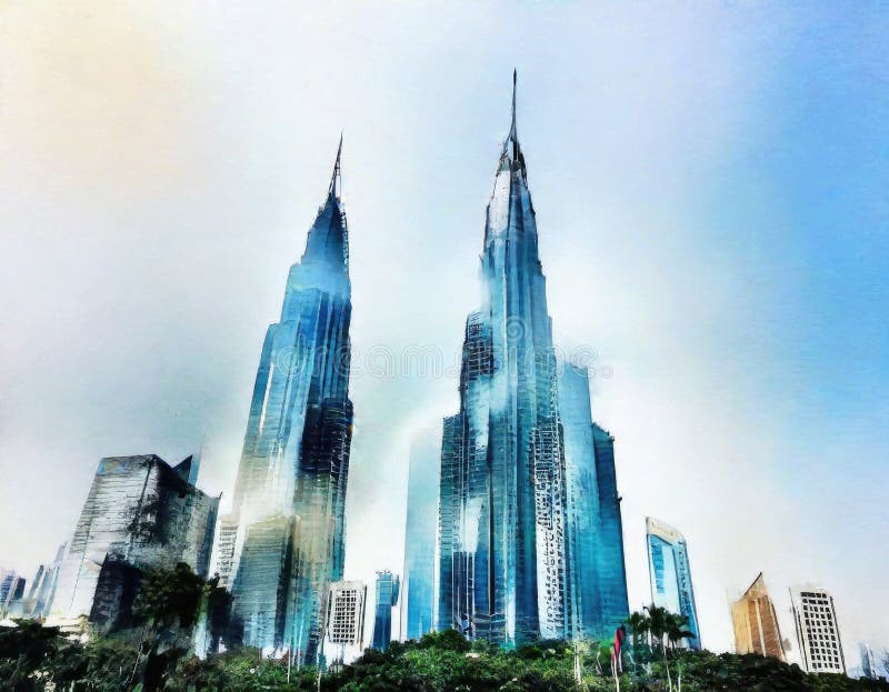 Watercolor of KLCC Tower Futuristic Stock Illustration - Illustration ...