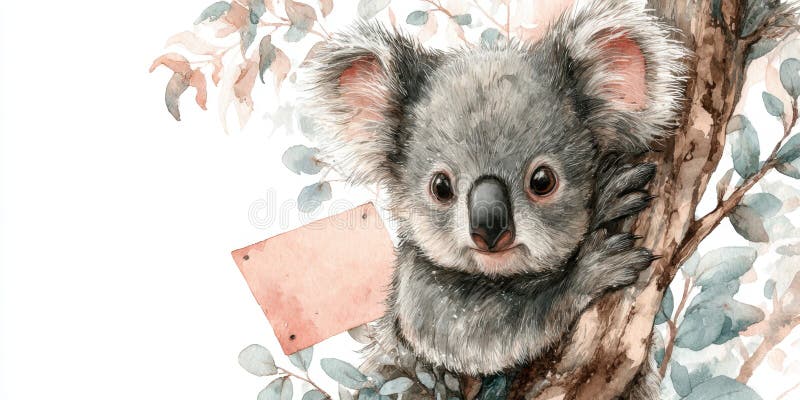 Watercolor Koala in Tree with Leaves and Blank Sign Stock Illustration ...