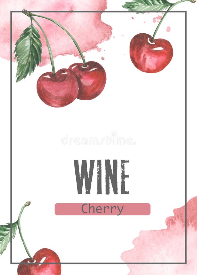 Watercolor Label for Red Cherry Wine, Rectangular Template Stock Image ...