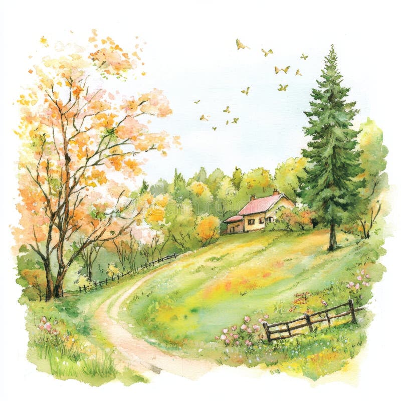 Watercolor Landscape Artwork Gorgeous Spring Nature Background Stock ...