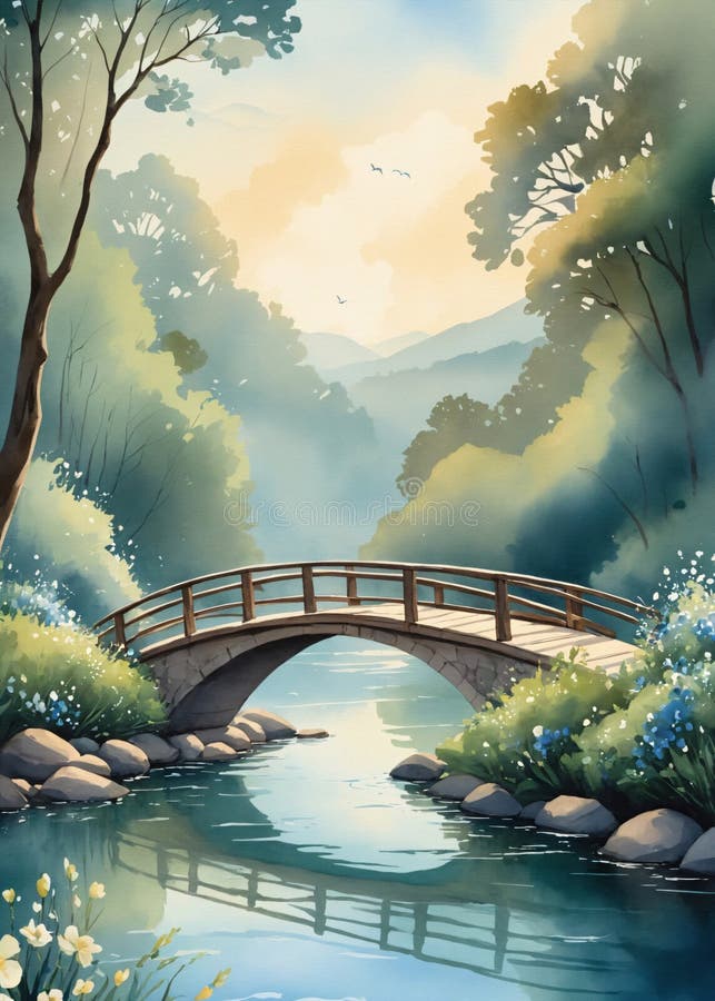 Watercolor Landscape with Bridge and River Stock Illustration ...