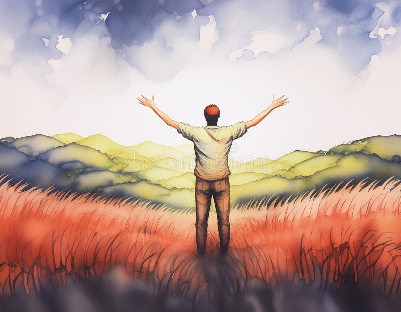 Watercolor Landscape with a Figure Embracing Nature Stock Illustration ...