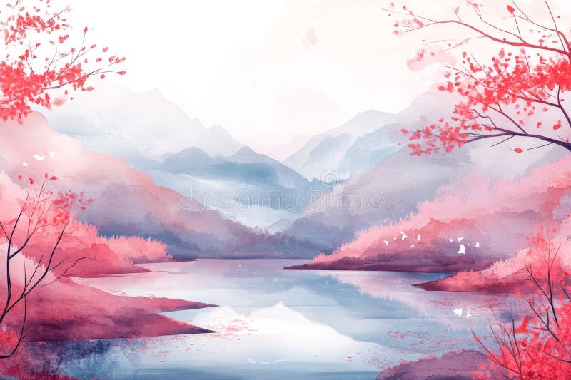 A Watercolor Landscape with a Lake, Mountains, and Trees, Rendered in ...