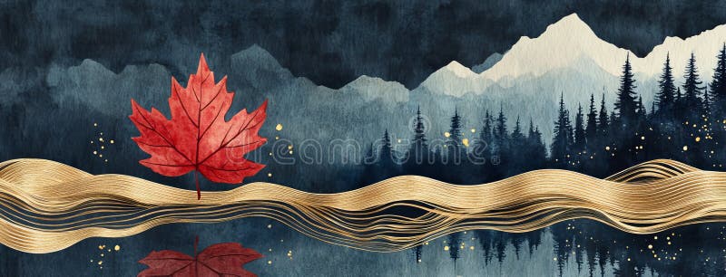 Watercolor Landscape with Maple Leaf and Golden Wave Stock Illustration ...