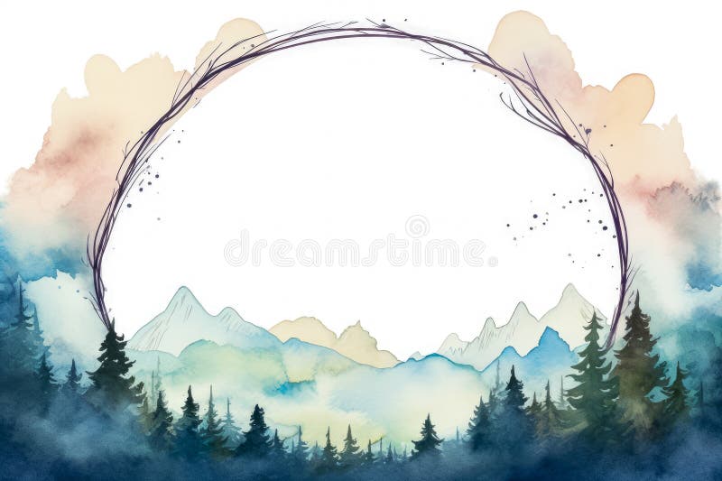 Watercolor Landscape with Mountains, Forest and Round Frame on White ...