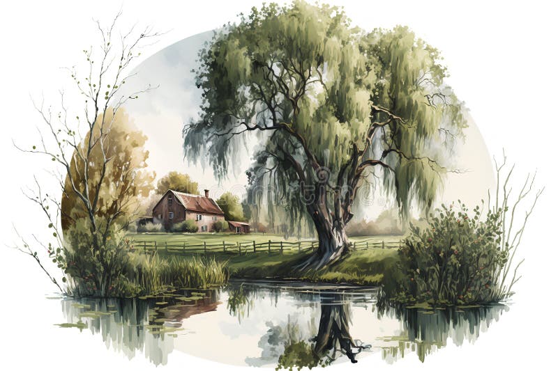 Watercolor Landscape with Old Country House and Willow Tree. Vector ...