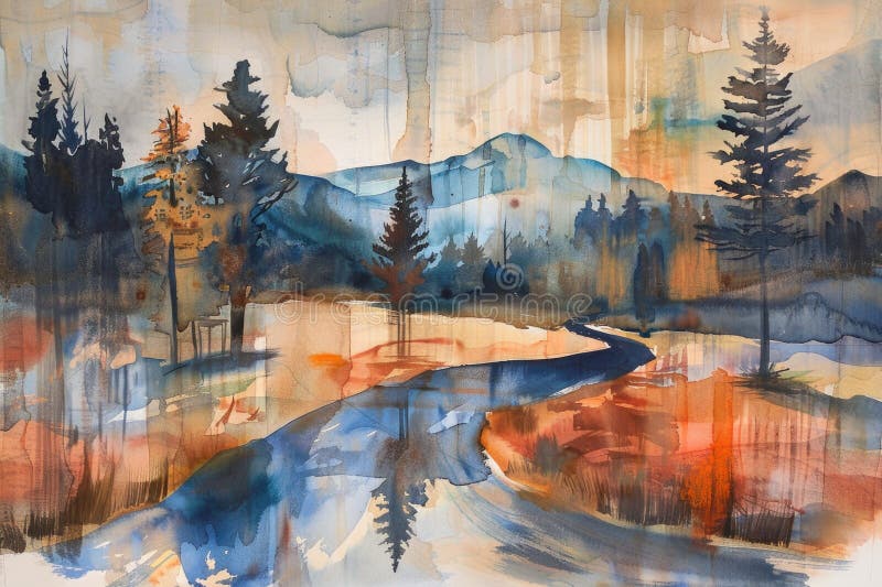Watercolor Landscape Painting of Forest and Mountains at Sunset Stock ...