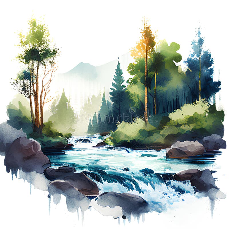 Watercolor Landscape with River and Forest. Hand Drawn Vector ...