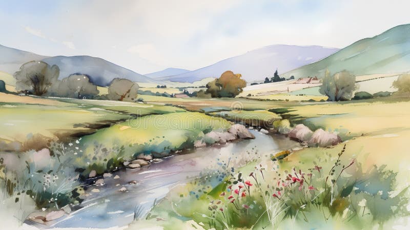 Watercolor Landscape with River and Meadow. Hand Drawn Illustration ...