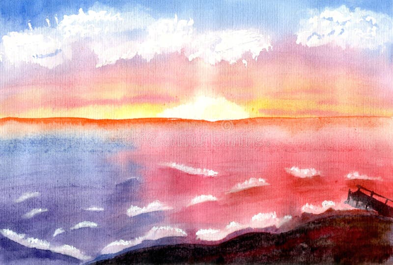 Watercolor Landscape Sea Wave Beach Stock Illustration - Illustration ...