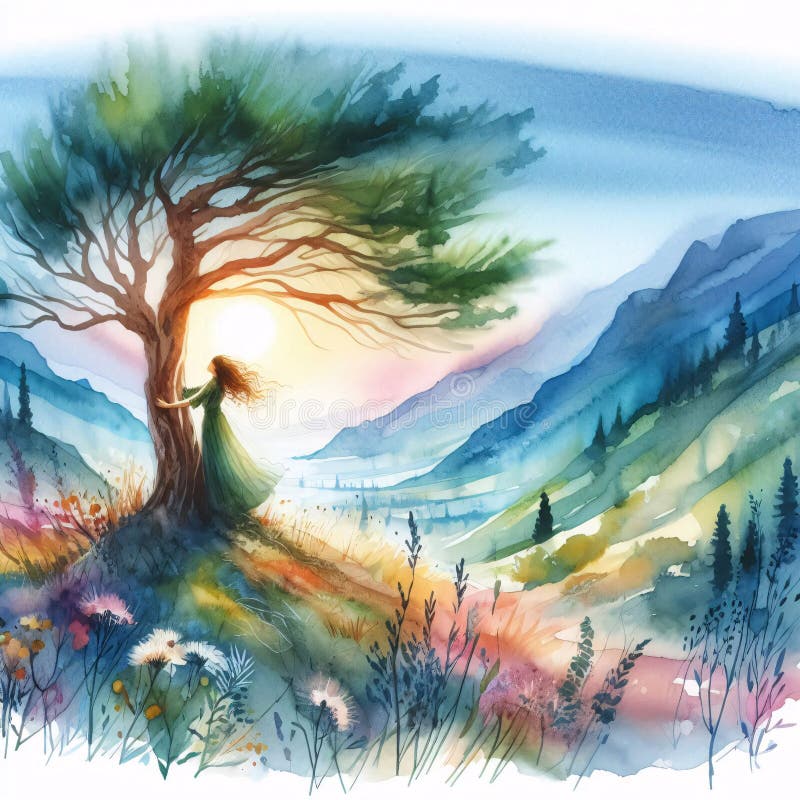 Watercolor Landscape with a Tree Personification at Sunset Stock ...