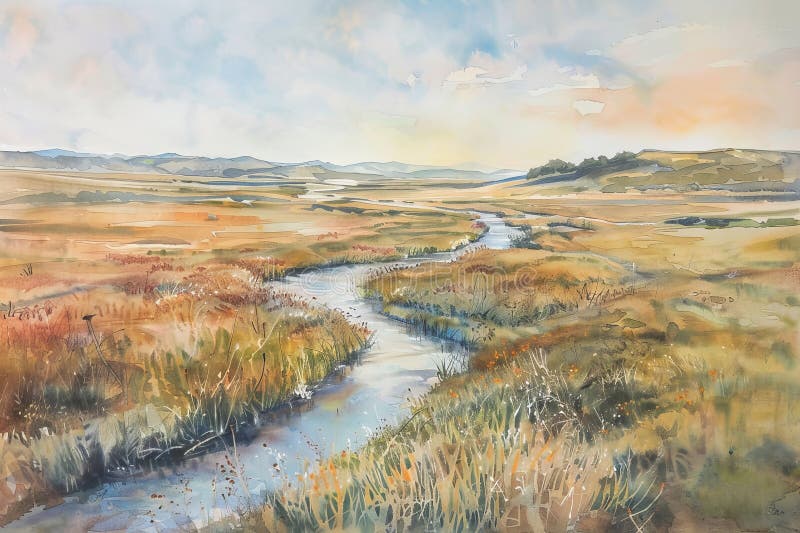 Watercolor of a Landscape with a Winding River Stock Illustration ...