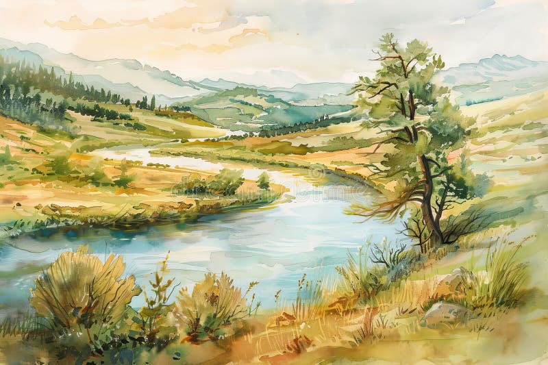 Watercolor of a Landscape with a Winding River Stock Illustration ...