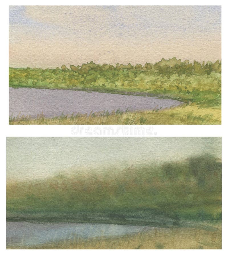 Watercolor Landscapes of Riverside in Summer Stock Illustration ...