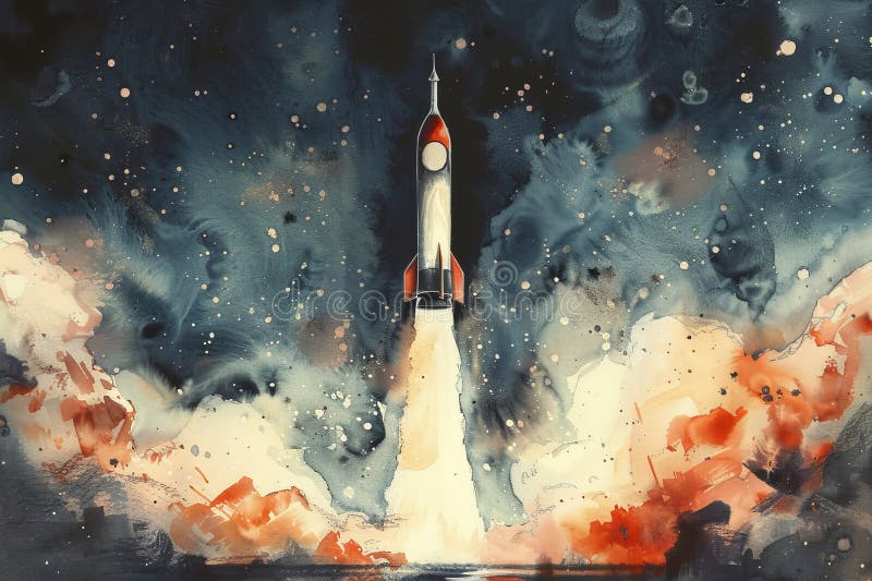 Watercolor of a Lanuching Rocket Stock Illustration - Illustration of ...
