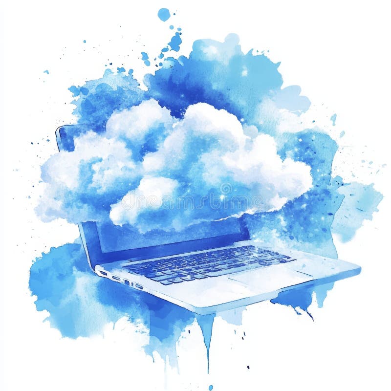 Watercolor Laptop with Cloud: Visualizing Digital Cloud Computing and Connectivity Stock ...