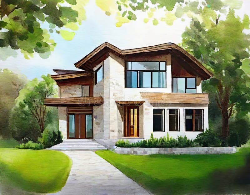 Watercolor of Large Modern House with Stone and Stock Illustration ... Watercolor of Large Modern House with Stone and Stock Illustration ...