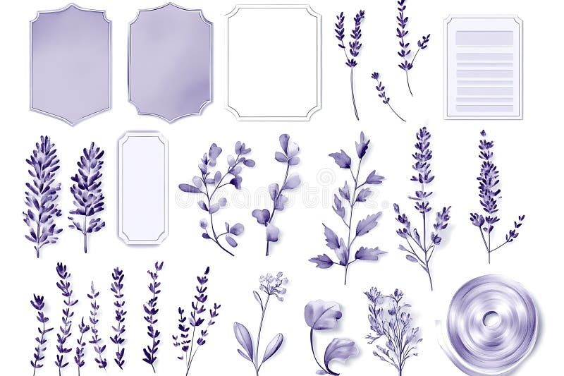 Watercolor Lavender, Floral, Botanical Elements, Frames, Ribbon, and ...