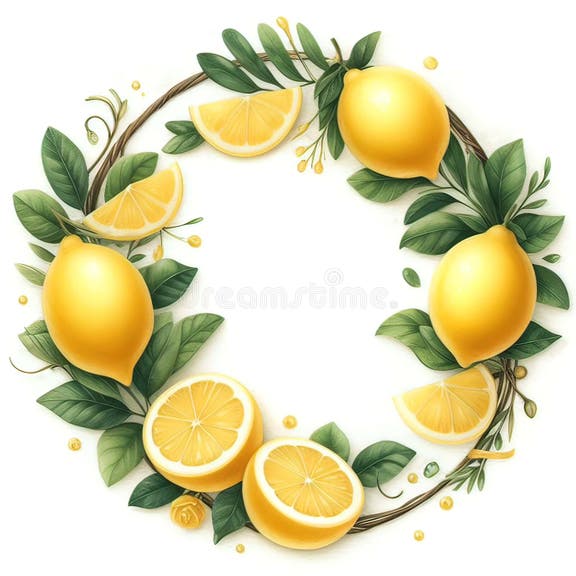 Watercolor Lemon Circle Frame on a White Backdrop Stock Illustration ...