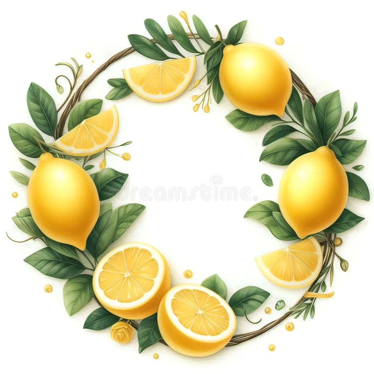 Watercolor Lemon Circle Frame on a White Backdrop Stock Illustration ...
