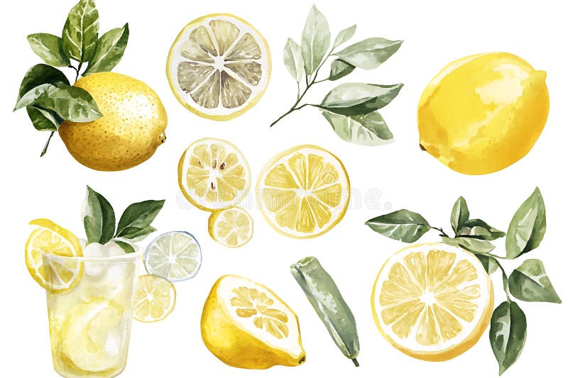 Watercolor Lemons, Slices, Leaves & Lemonade Stock Illustration ...