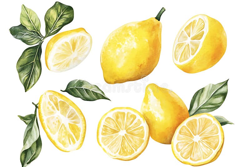 Watercolor Lemons, Whole and Sliced, with Leaves Stock Illustration ...