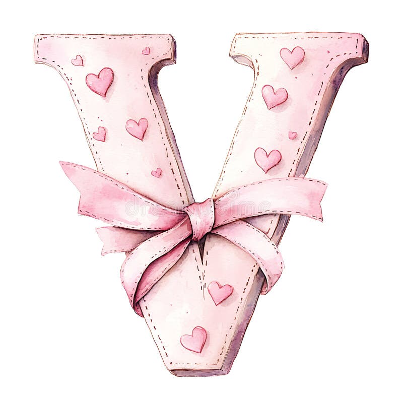 Watercolor Letter V with Pink Hearts and Bow Stock Illustration ...