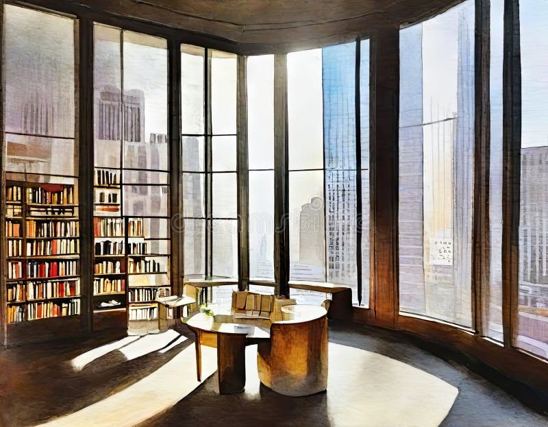 Watercolor of a Library with Books on the Table Stock Image - Image of ...