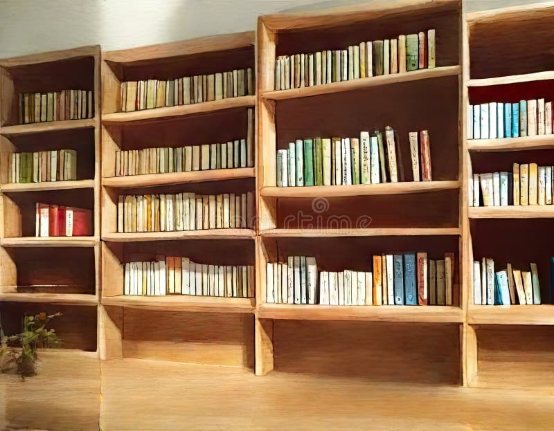 Watercolor of Library Shelves with Pure Solid Wood Bookshelf Stock ...