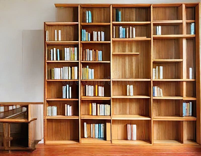 Watercolor of Library Shelves with Pure Solid Wood Bookshelf Stock ...