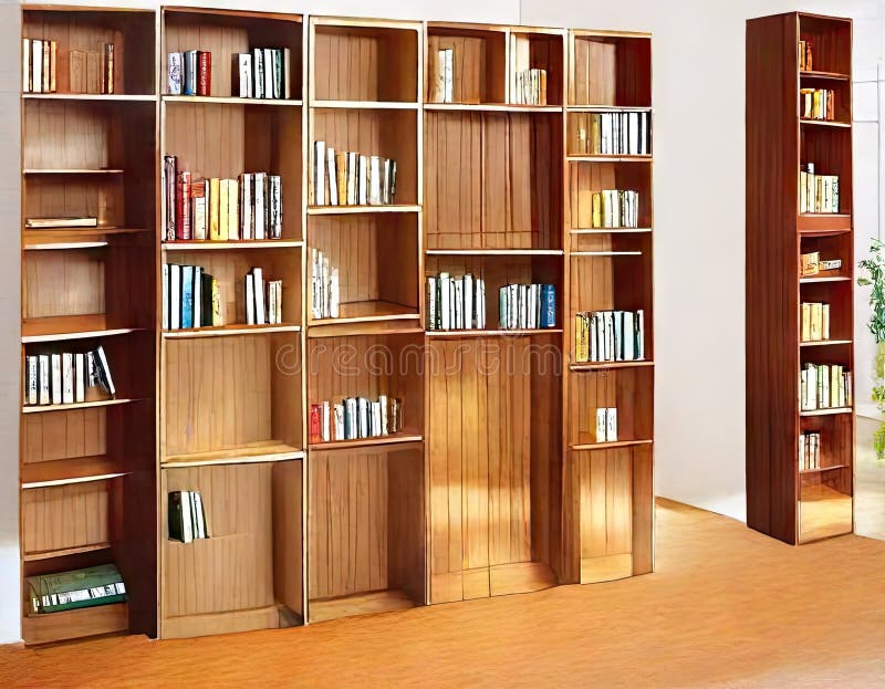 Watercolor of Library Shelves with Pure Solid Wood Bookshelf Stock ...