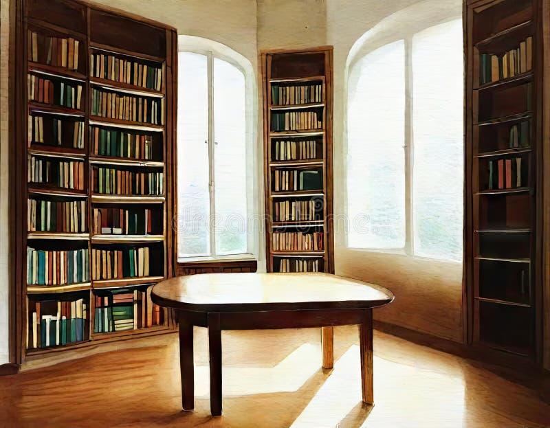 Watercolor of a Library with a Table and Books Stock Illustration ...