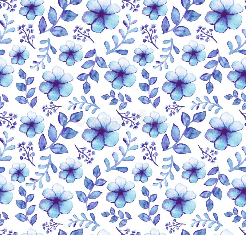 Watercolor Light Blue Flowers and Leaves Seamless Pattern Stock ...