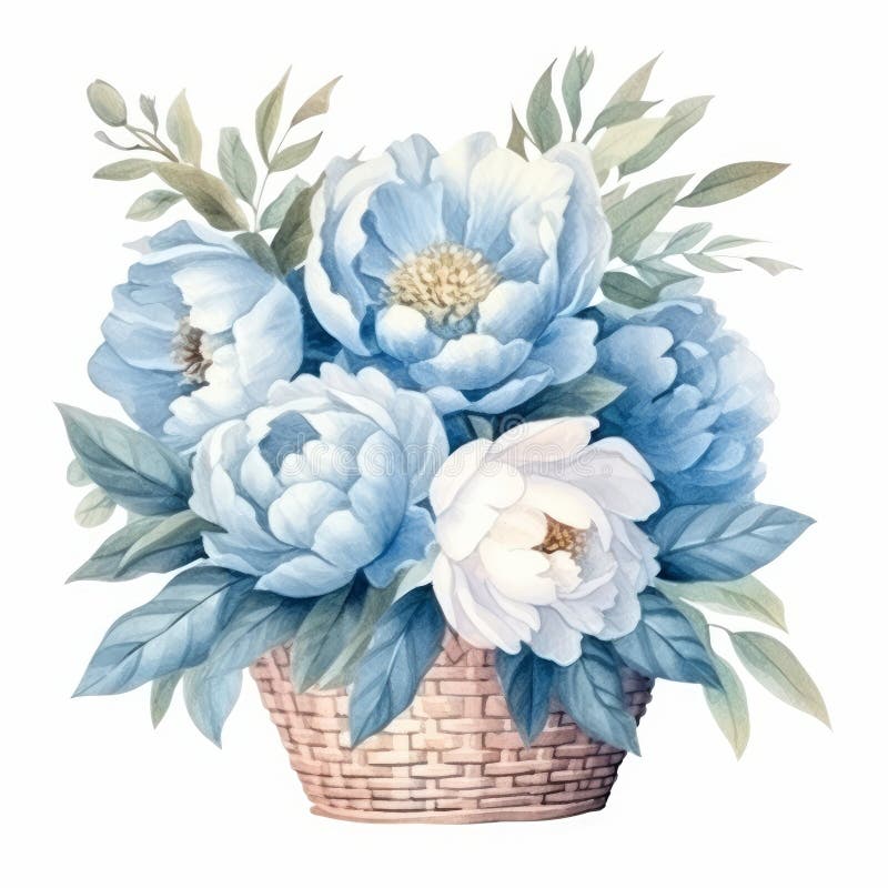 Watercolor Light Blue Peony Beautiful Bouquet in a Basket Stock ...
