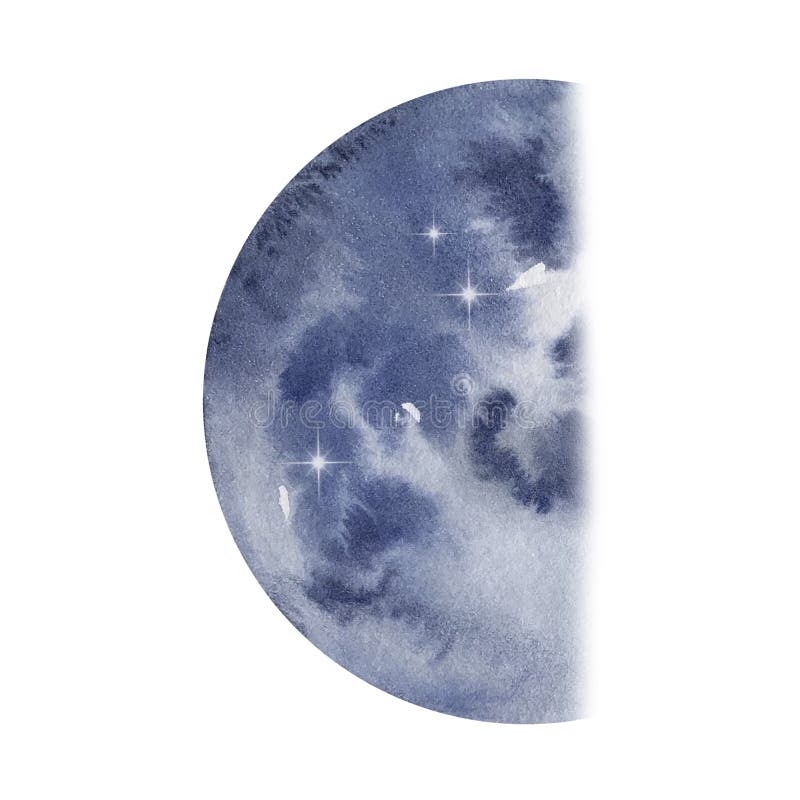 Watercolor Light Blue Round Moon Half Stock Illustration - Illustration ...