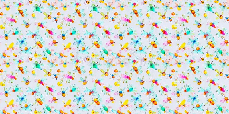 Watercolor Little Cute Tiny Flies White Background Seamless Pattern ...