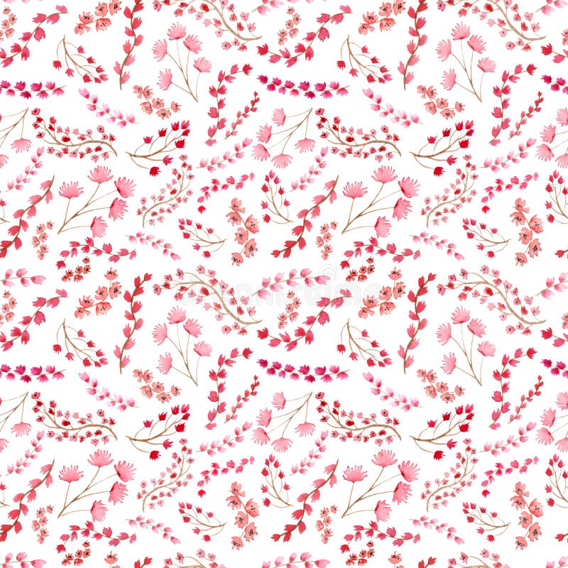 Watercolor Little Red Flowers on Branches Seamless Texture Stock ...