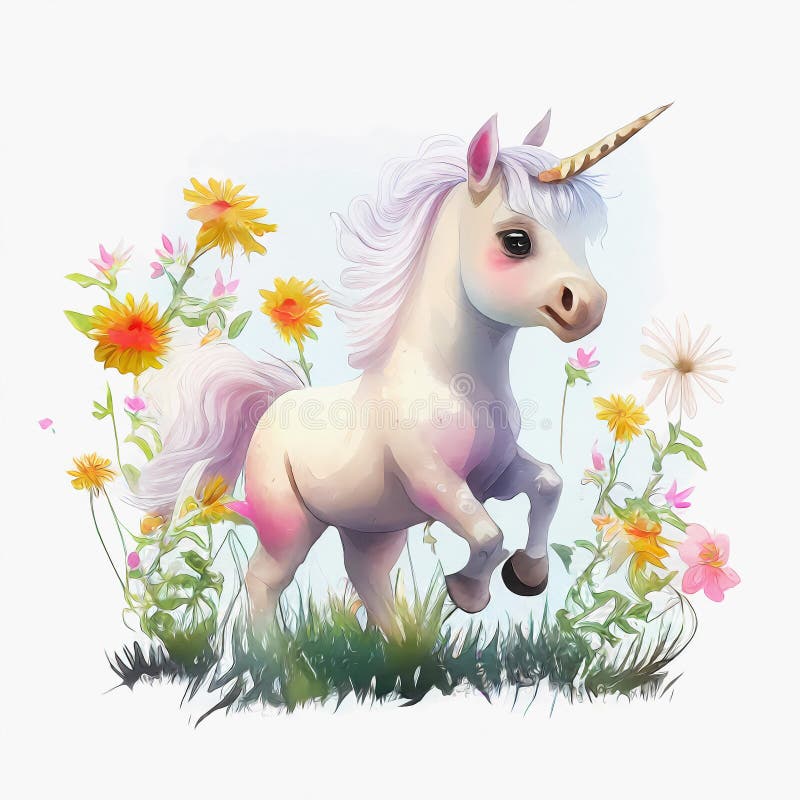 Watercolor Little Unicorn in Gras. Generative Ai Stock Illustration ...