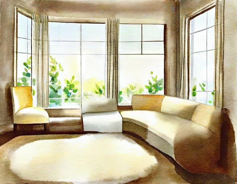 Watercolor of Living Room Interior Stock Illustration - Illustration of ...