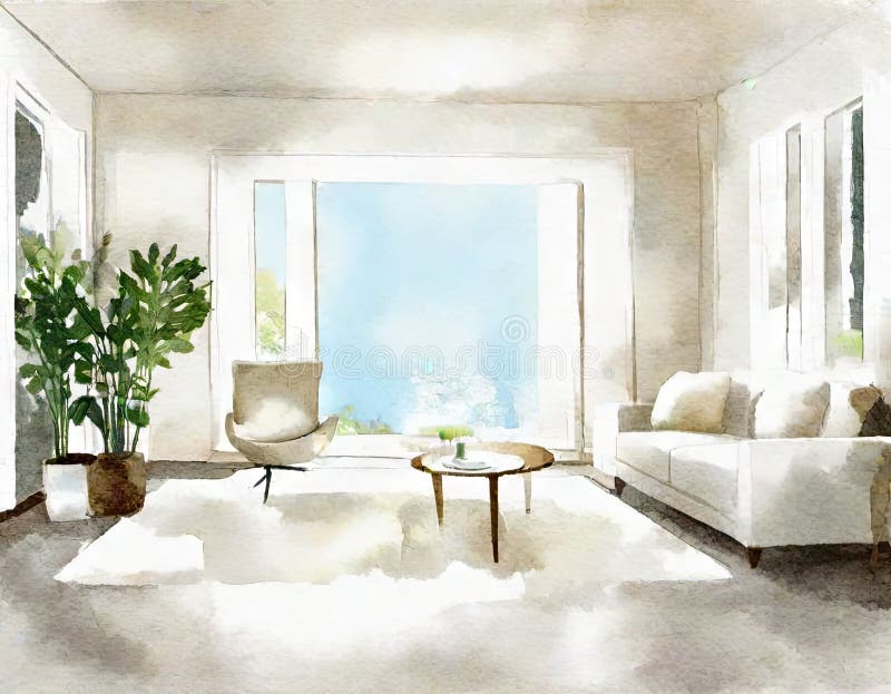 Watercolor of Living Room with White Stock Illustration - Illustration ...