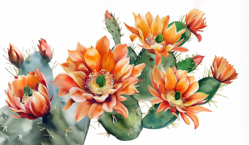 Watercolor Luxurious Open Cactus Flowers with Buds and Half-opened ...