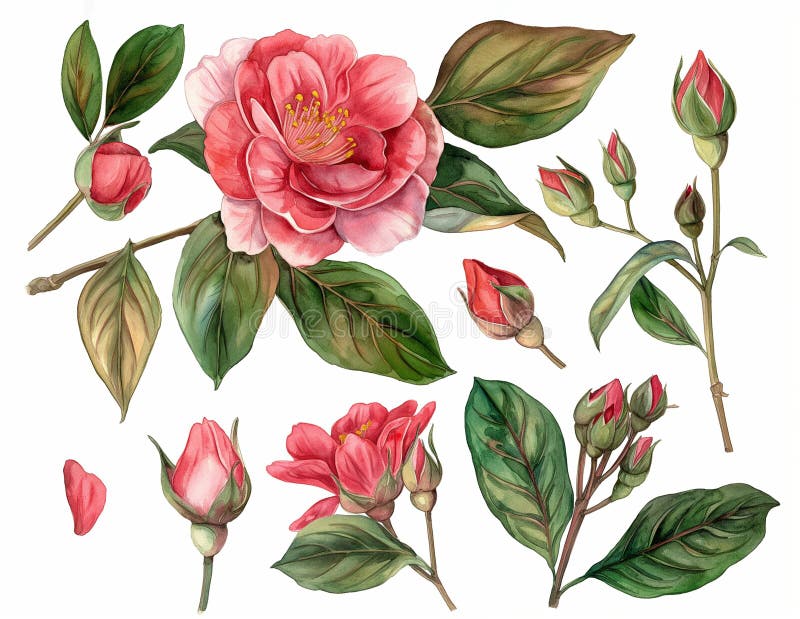 Watercolor Luxurious Open Roses with Buds and Half-opened Flowers and ...