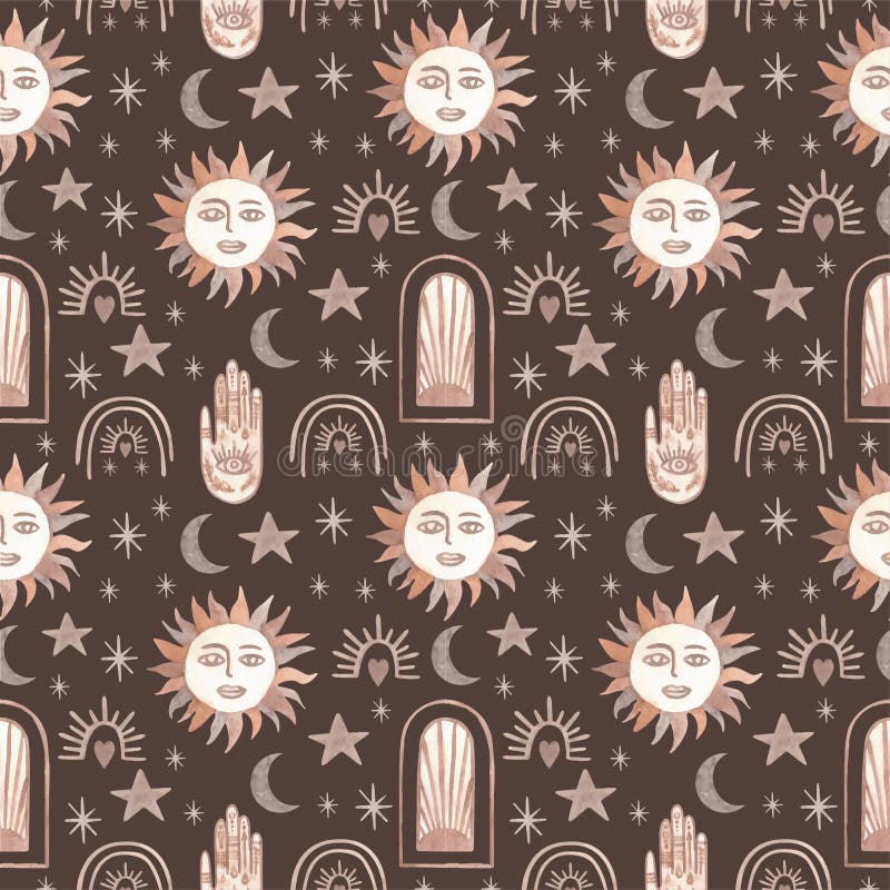 Watercolor Magic Pattern. Brown Background Stock Vector - Illustration ...