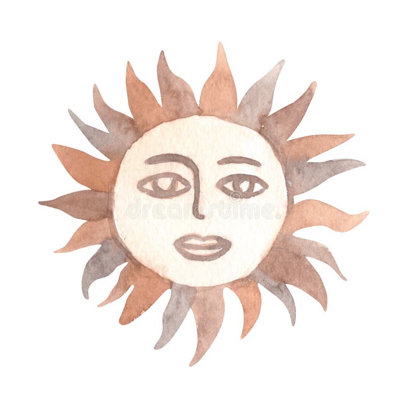 Watercolor Magic Sun with Face Stock Illustration - Illustration of ...