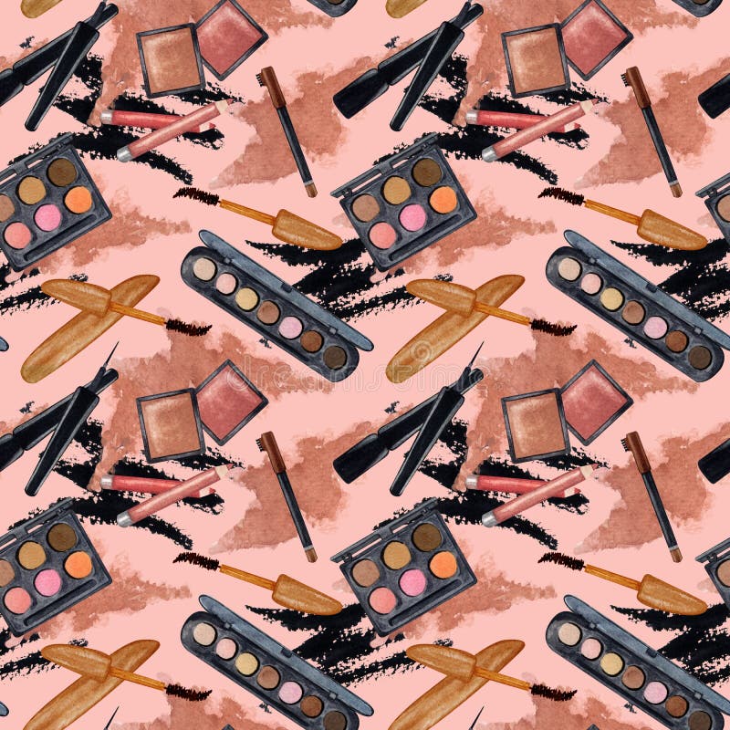 Watercolor Make Up Seamless Pattern.Hand Drawn Seamless Cosmetics ...